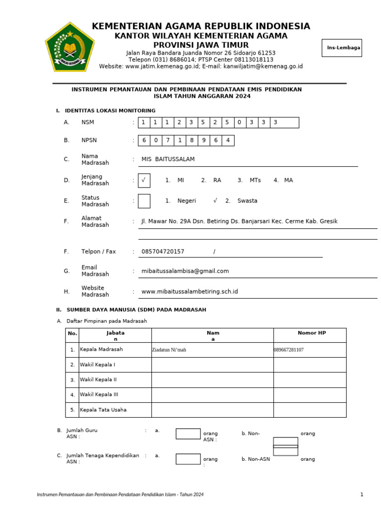Instrumen Emis 2 - Madrasah 2024 | PDF