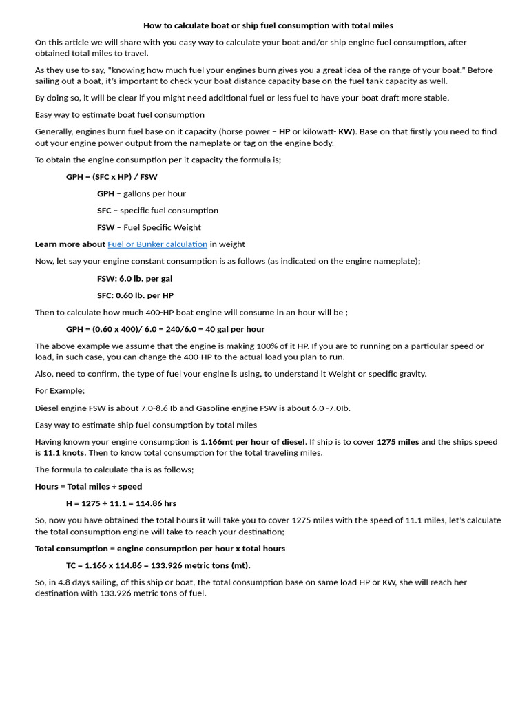 How To Calculate Boat or Ship Fuel Consumption With Total Miles | PDF ...