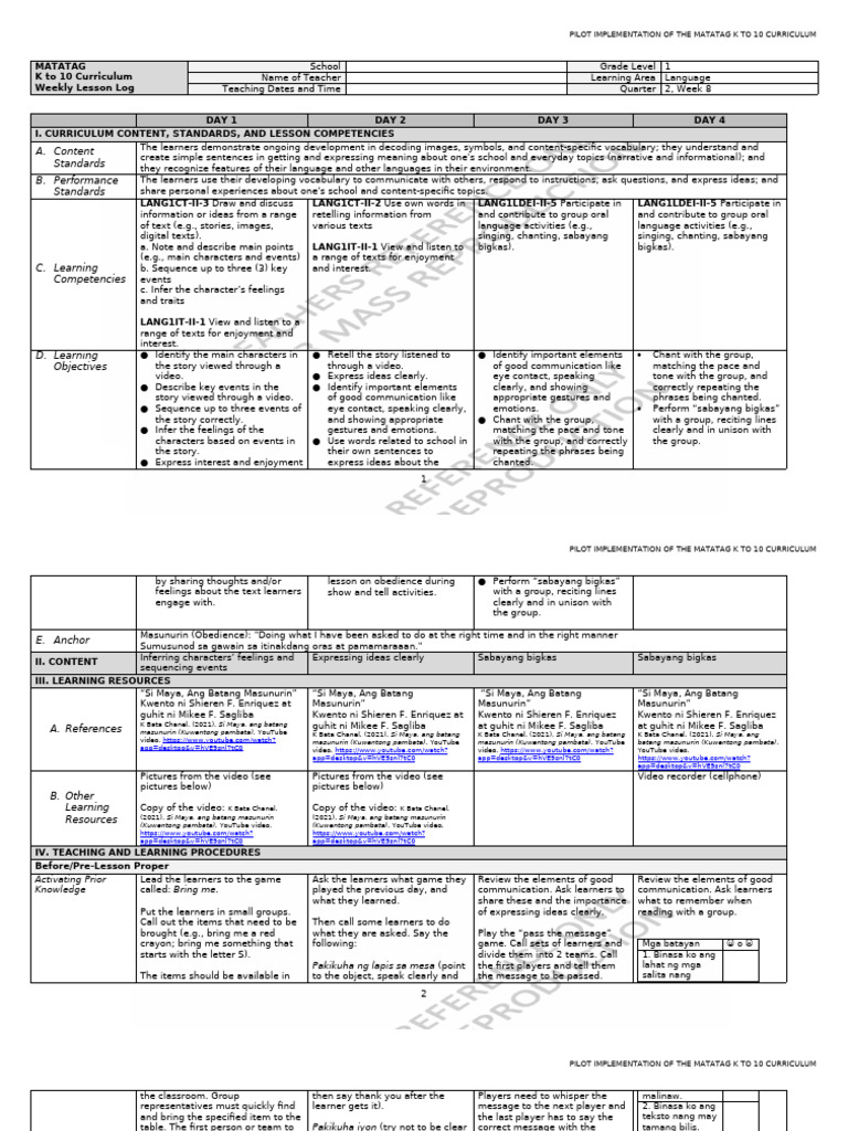 Grade 1 Language Lesson Plan | PDF | Vocabulary | Curriculum