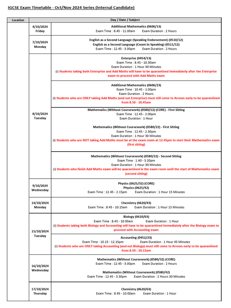 INTERNAL - IGCSE Exam Timetable - Oct - Nov 2024 | PDF | Educational ...