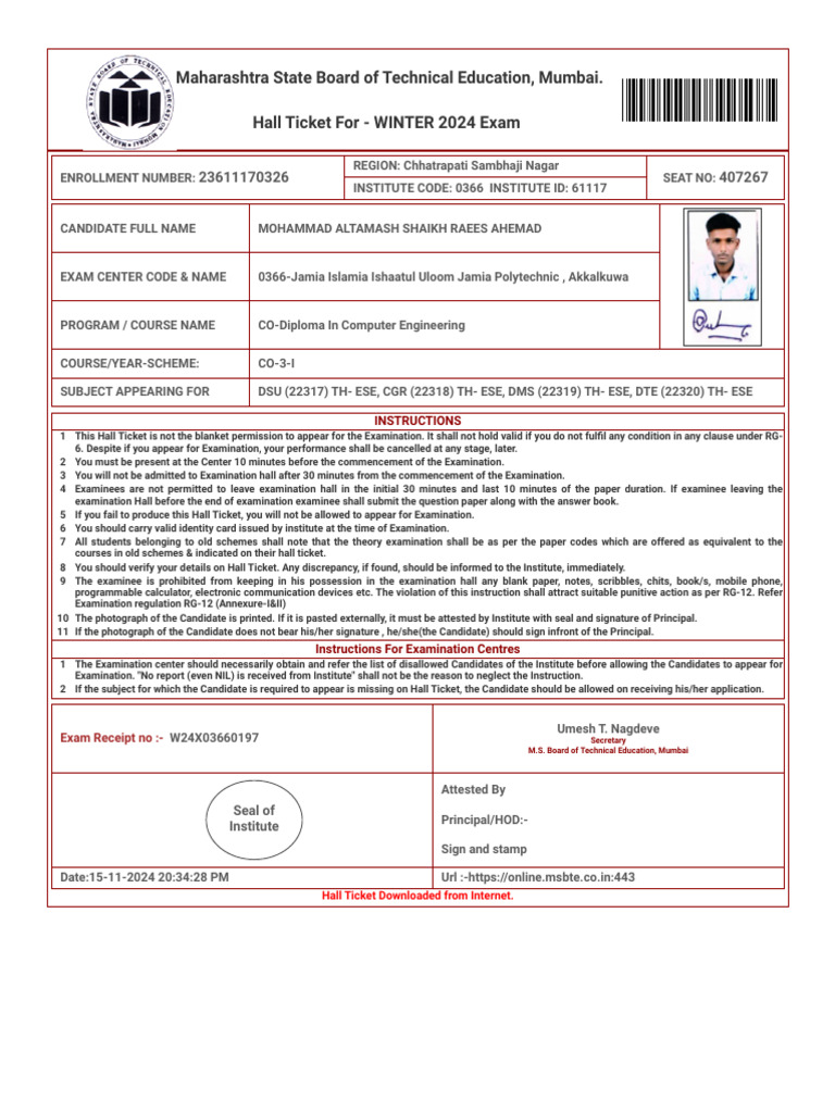 Altamash Hall Ticket For Winter 2024 of 23611170326 | PDF