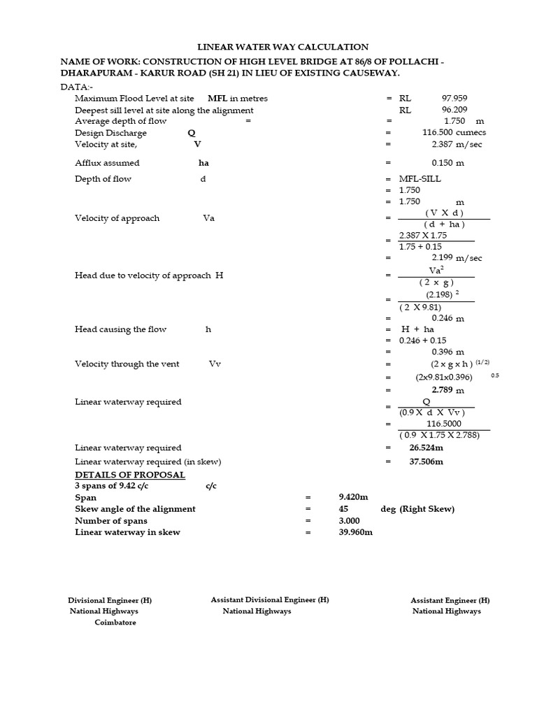 Linear Waterway Calculation | PDF | Discharge (Hydrology) | Civil ...