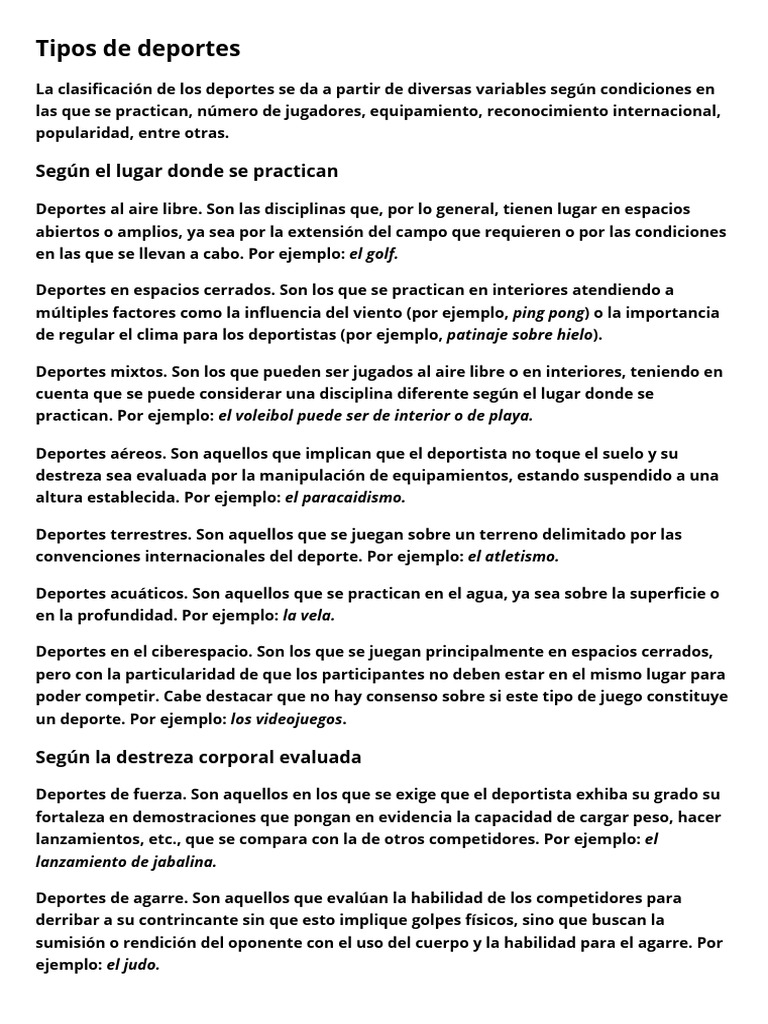 Clasificación de deportes por tipo y modalidad | PDF | Deportes ...