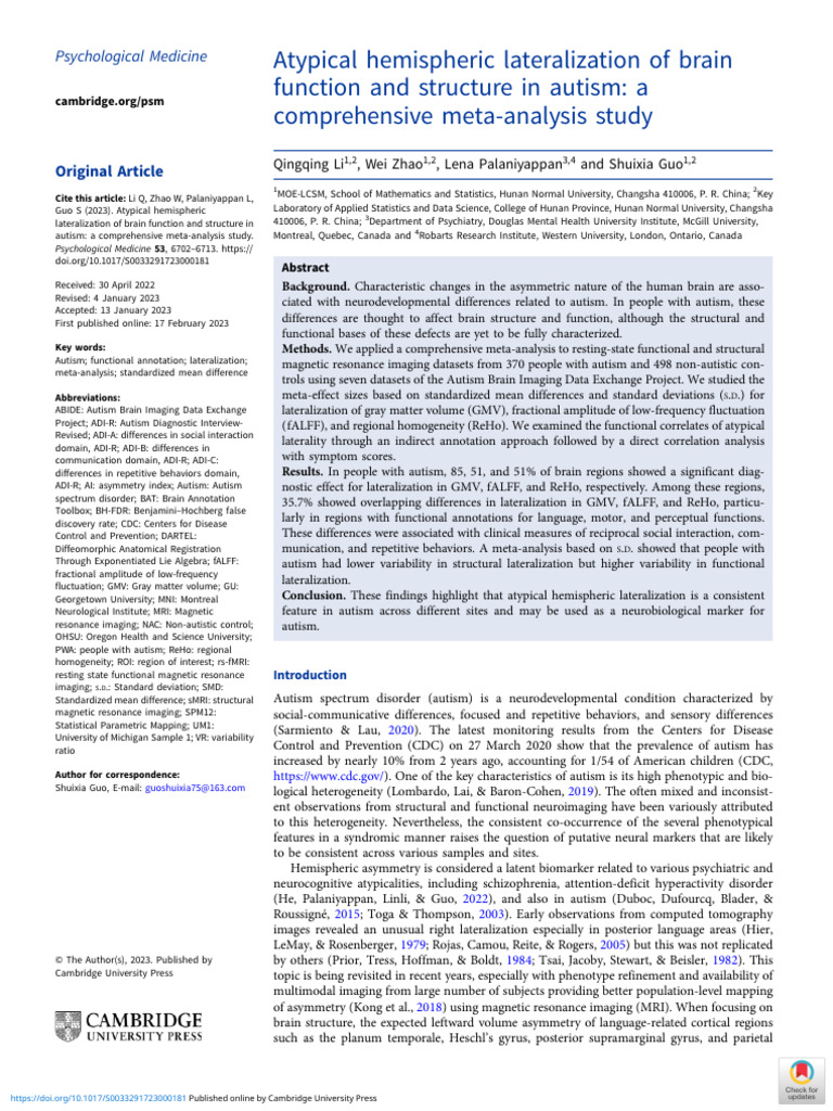 Atypical Hemispheric Lateralization of Brain Function and Structure in ...