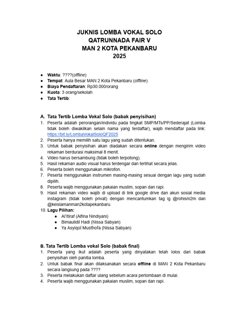 Juknis Lomba Vokal Solo | PDF