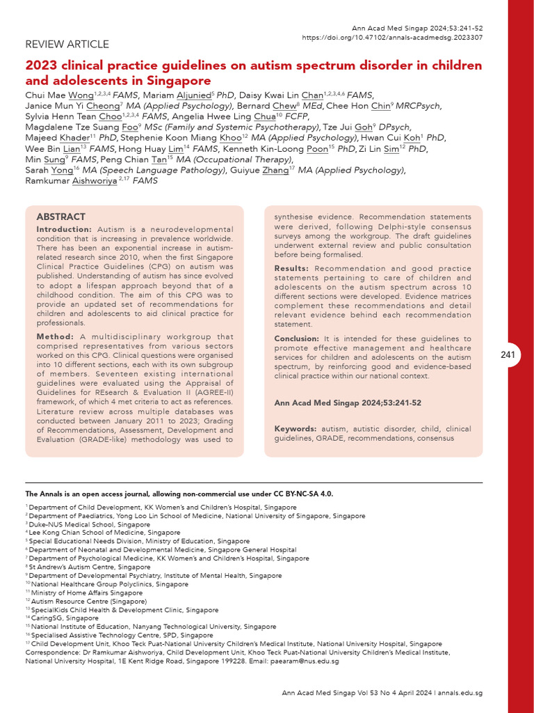 2023 Clinical Practice Guidelines On Autism Spectrum Disorder in Children and Adolescents in ...