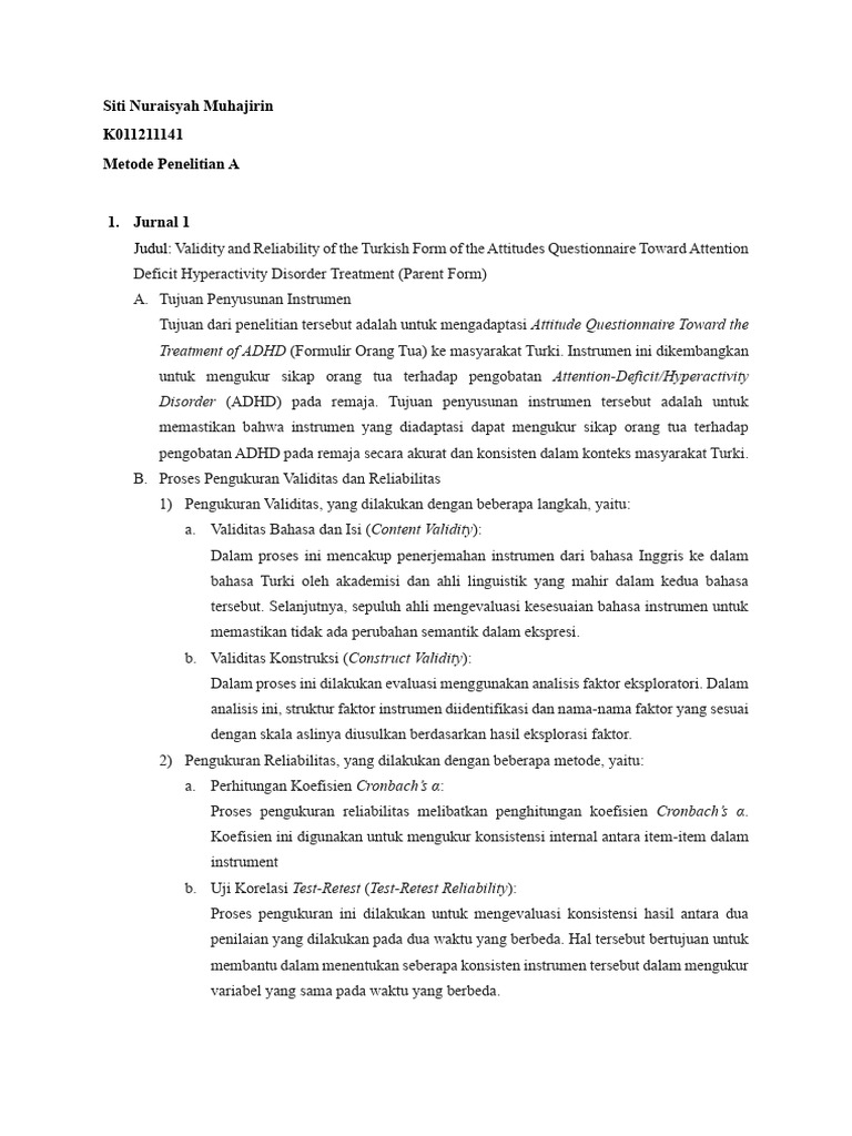 Validitas dan Reliabilitas Kuesioner ADHD | PDF | Sains & Matematika