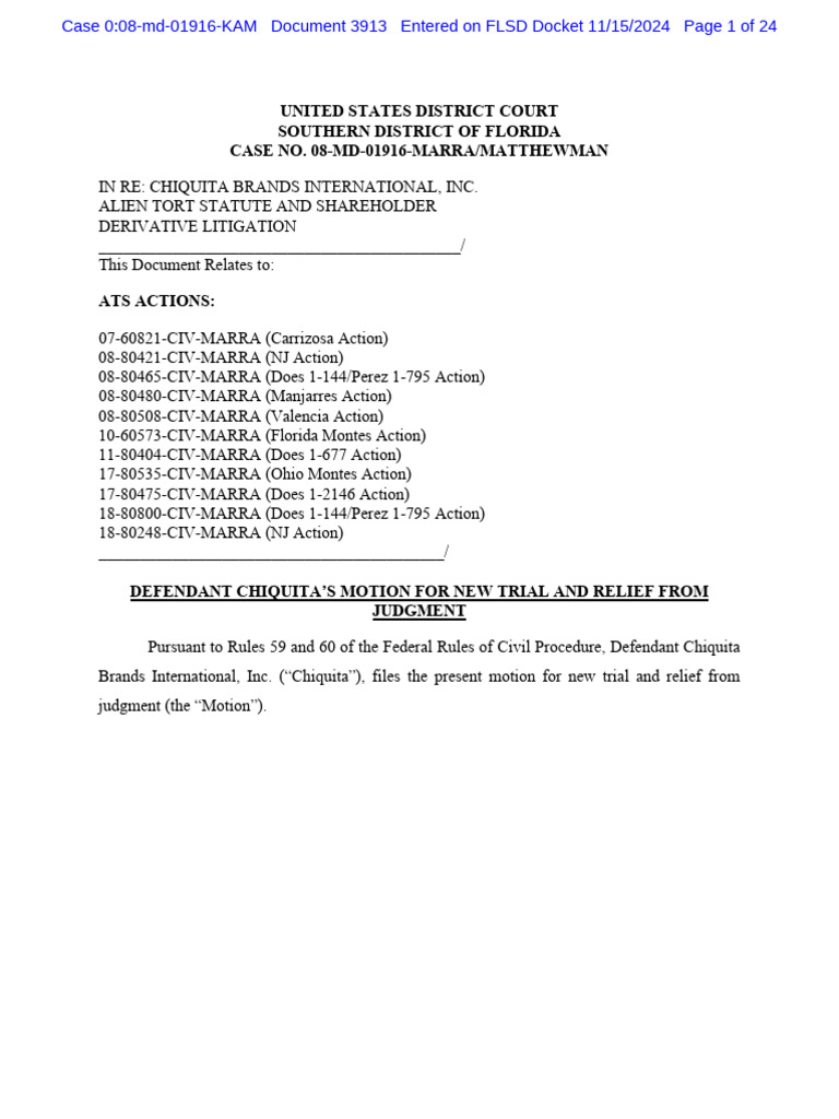 Chiquita Motion For New Trial | PDF | Evidence (Law) | Prejudice (Legal Term)