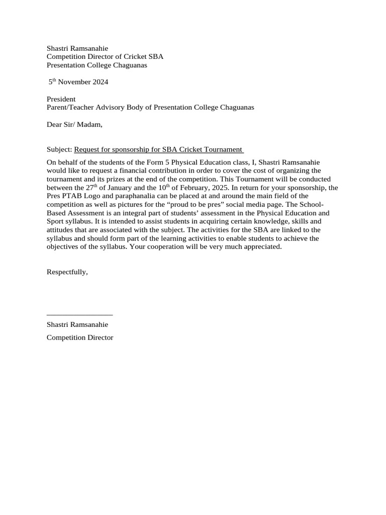 Begging For Sponsorship From PTA - Cricket SBA | PDF | Business ...