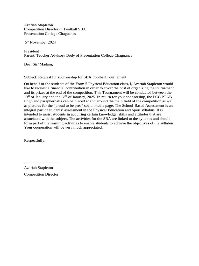 Begging For Sponsorship From PTA - Football SBA | PDF