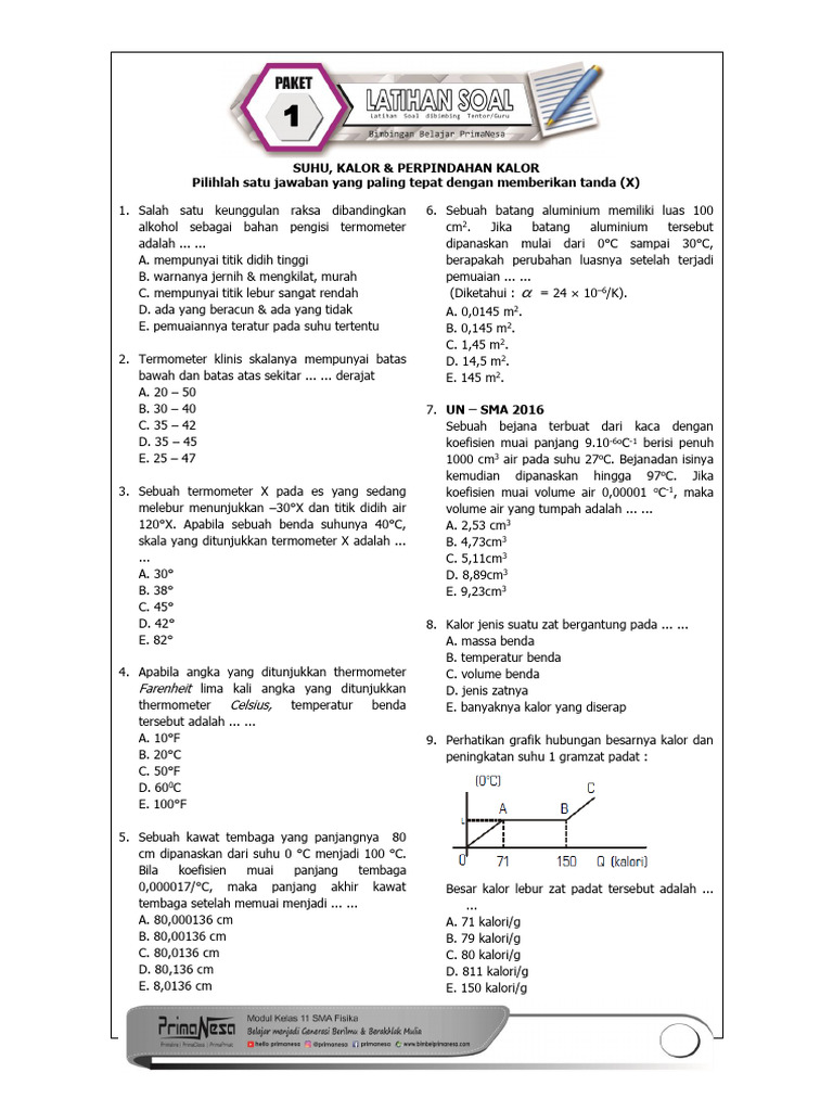 Fisika Bab 5 Latihan Soal 1 Suhu, Kalor & Perpindahan Kalor 11 Sma | PDF