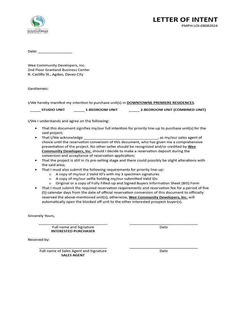 Letter of Intent for Property Purchase | PDF