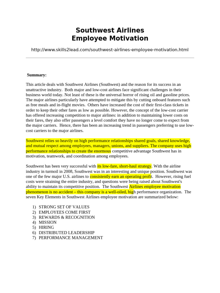 Southwest Airlines Employee Motivation Insights | PDF | Low Cost ...