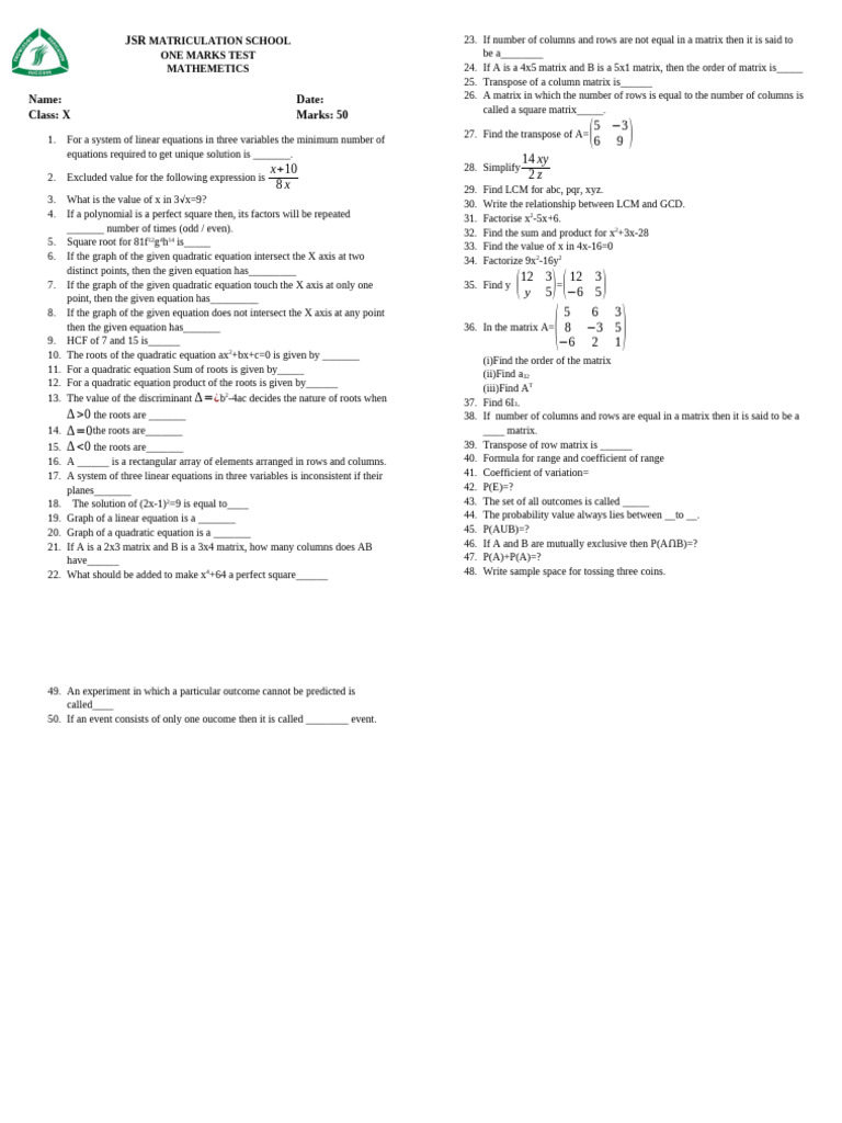 one marks ch 3 | PDF | Matrix (Mathematics) | Quadratic Equation