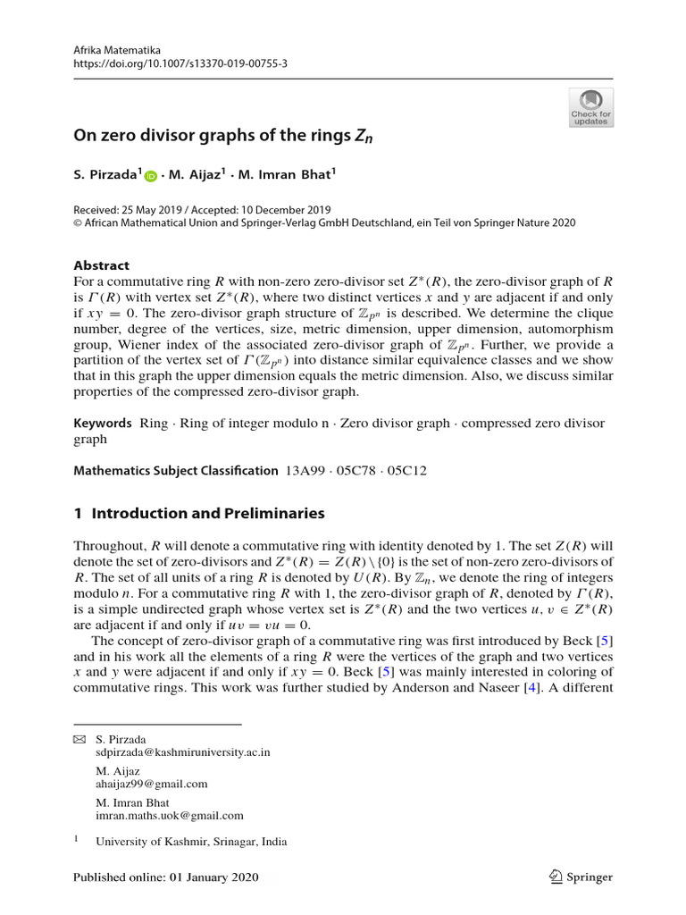 Onzerodivisorgraphsoftherings ZN | PDF | Vertex (Graph Theory) | Group ...