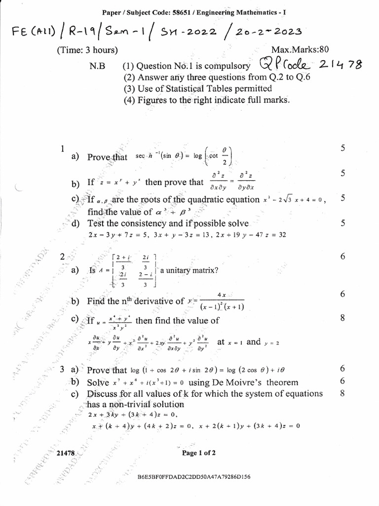 SEM 1 DEC 2022 | PDF | Linear Algebra | Mathematical Concepts