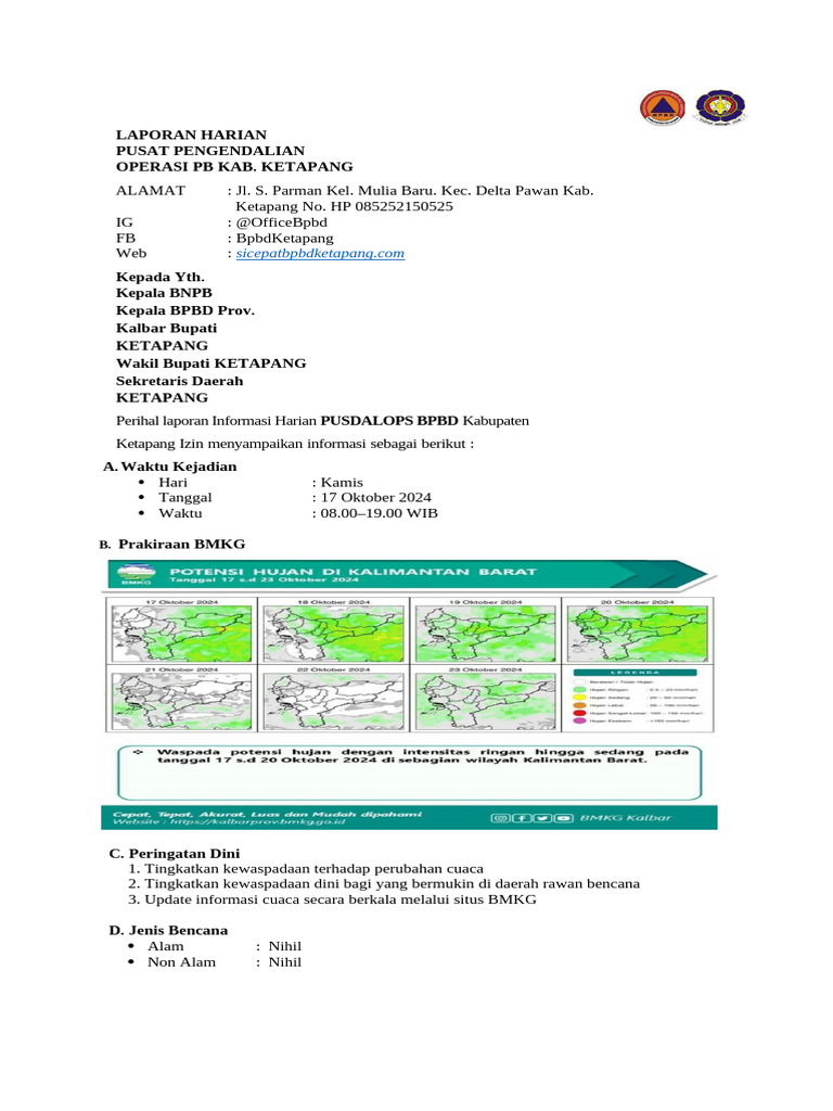 Laporan Harian Pusdalops TGL 15 Oktober 2024 | PDF
