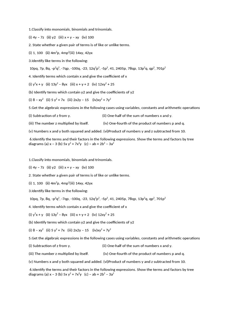 Class 7 Algebric Expression | PDF