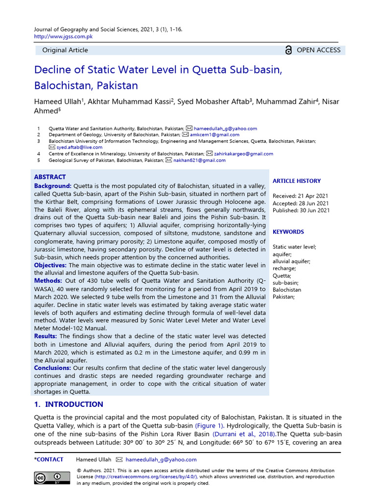 Decline of Static Water Level in Quetta | PDF | Groundwater | Aquifer