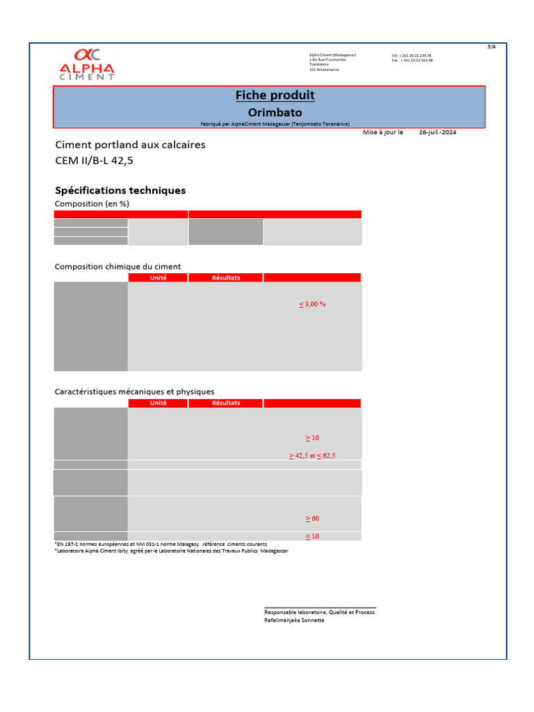 Ciment Portland Orimbato: Fiche Technique | PDF | Ciment | Calcaire
