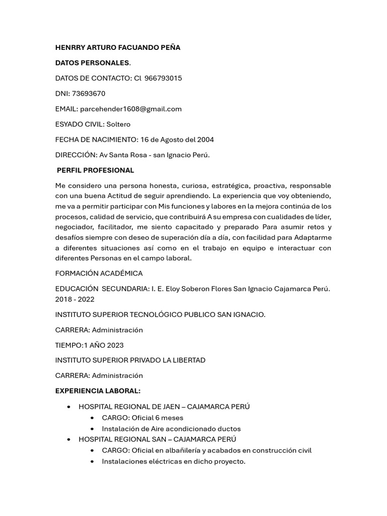 CV Facundo Peña | PDF | Documento de identidad | Ministerio (Departamento de Gobierno)