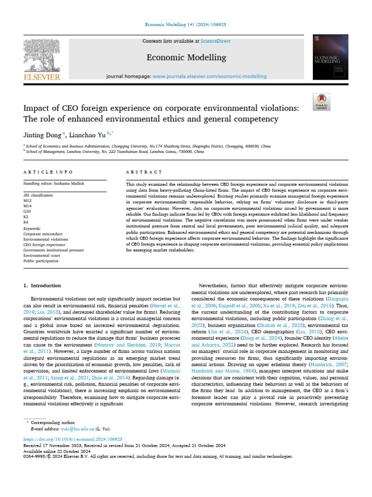 CEO Foreign Experience and Environmental Violations | PDF | Logistic ...