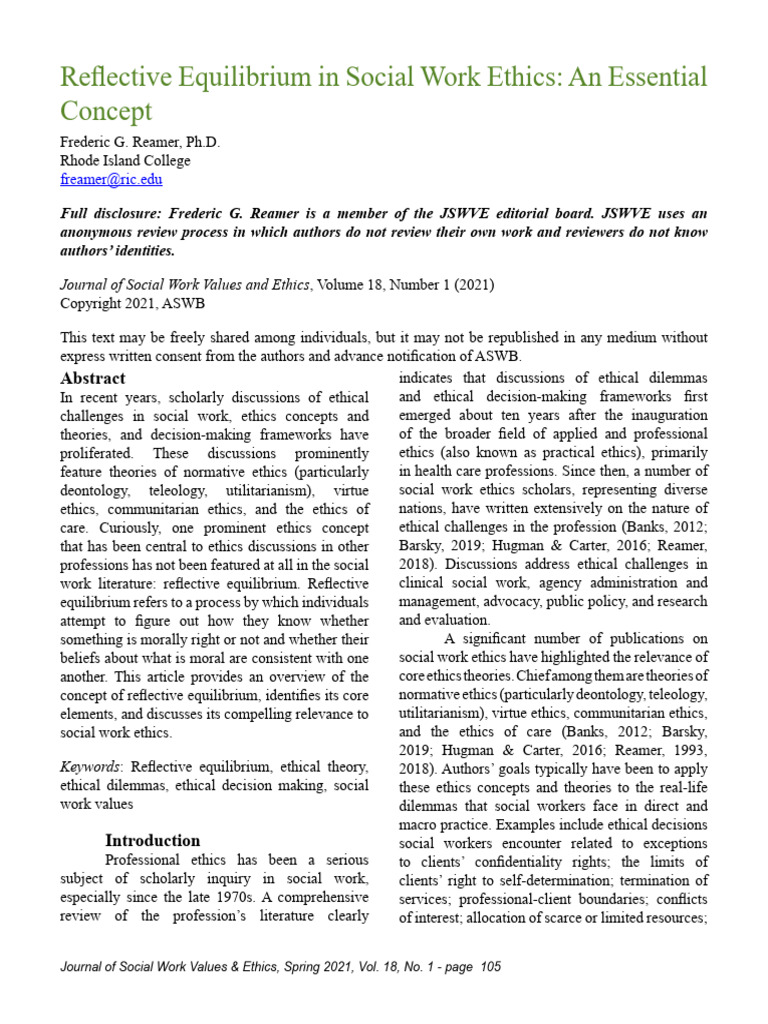 105 Reflective Equilibrium in Social Work Ethics 18 1 Spring 2021 JSWVE ...