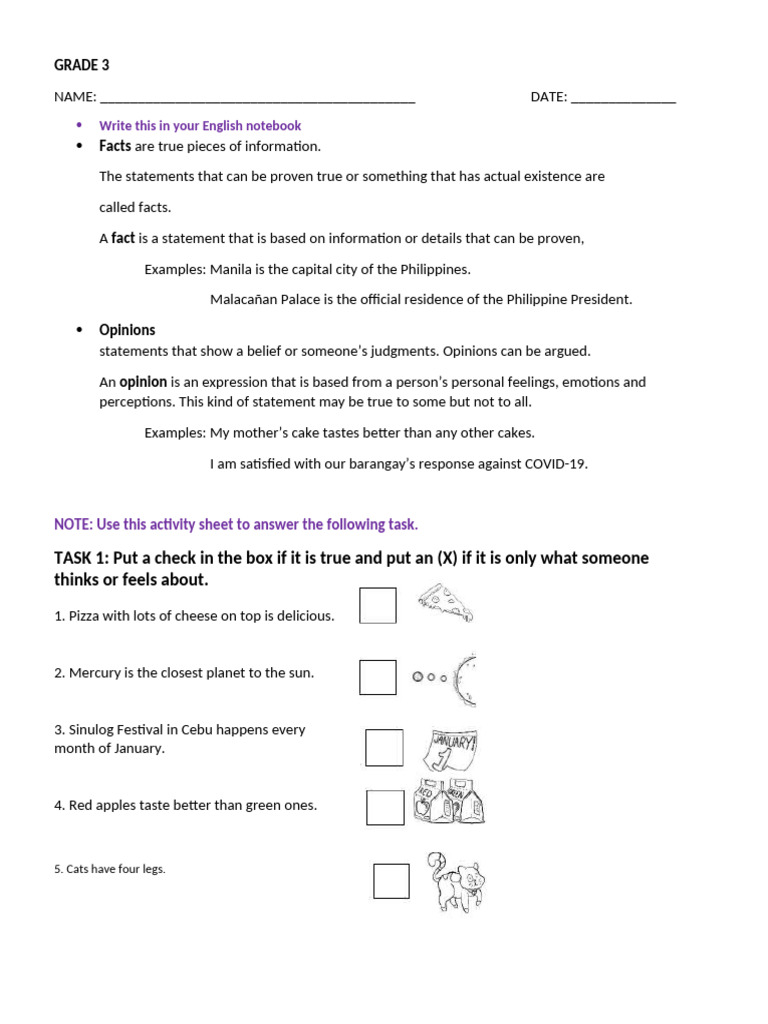 Facts vs. Opinions Activity Sheet | PDF | Wellness
