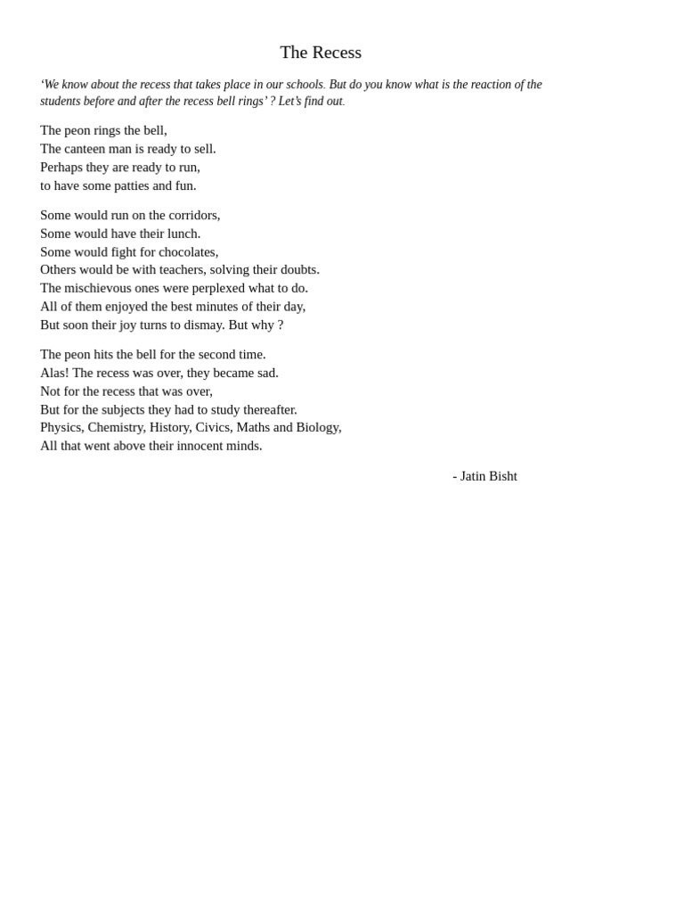 The Recess (Poem) - Jatin Bisht | PDF