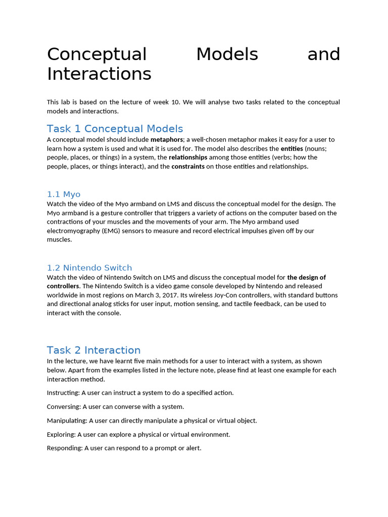 Lab 10 - Part 2 - Conceptual Models and Interactions | PDF | Computers