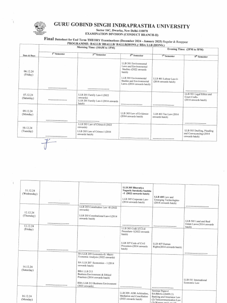 Date Sheet BALLB & BBALLB Dec 2024 | PDF