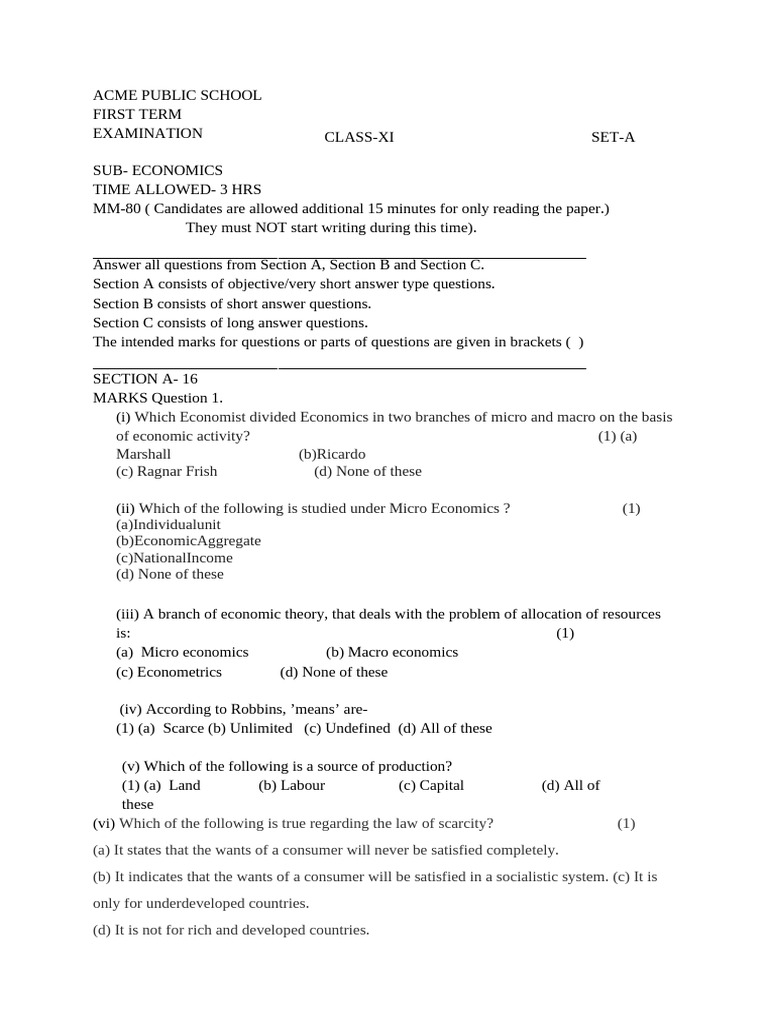 Class XI Economics Exam Paper Set A | PDF | Economics | Economies