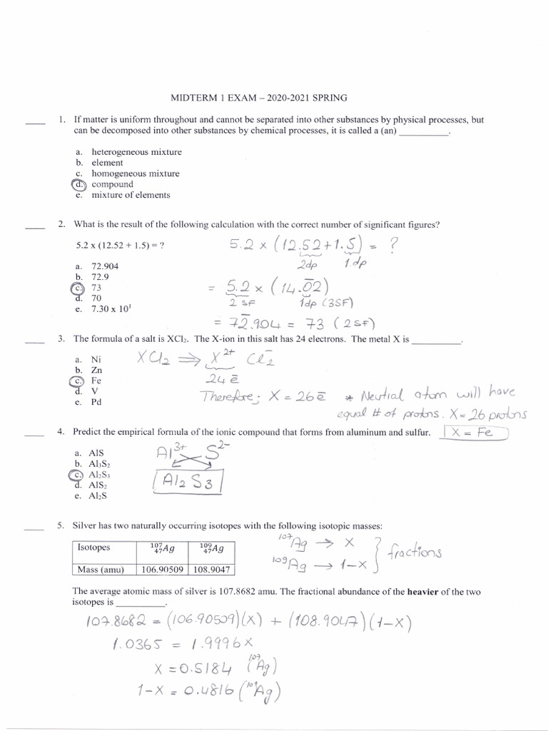 2020 2021 Spring MT1 Solutions | PDF | Chemistry | Chemical Substances