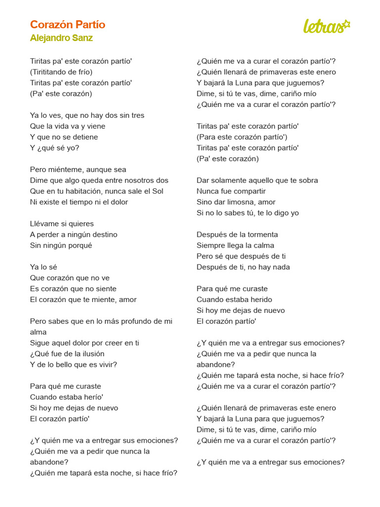 Letra de "Corazón Partío" de Alejandro Sanz | PDF | Poesía