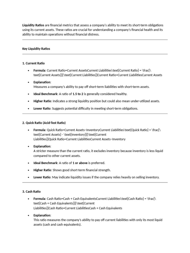 Liquidity Ratios Are Financial Metrics That Assess A Company | PDF ...