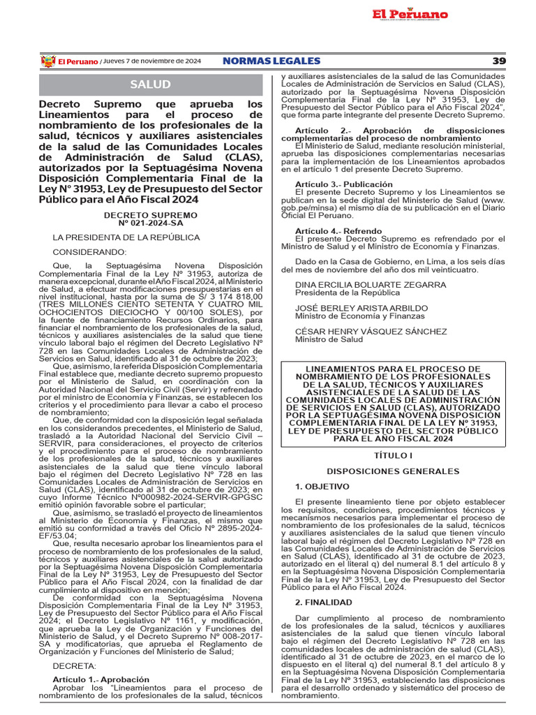 DS 021-2024-SA Lineamiento Nombramiento CLAS | PDF | Comisión Europea | Presupuesto