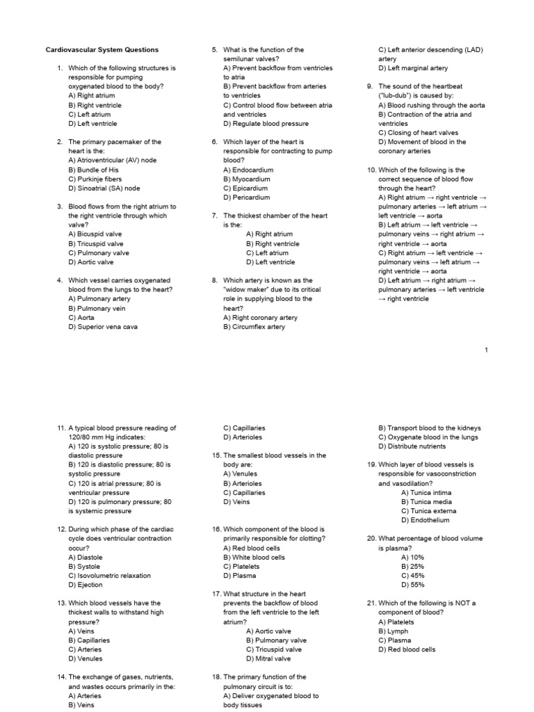 Cardiovascular System Quiz Questions | PDF | Heart | Heart Valve