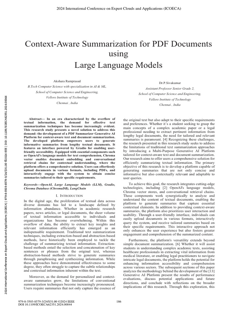 Context Aware Summarization For Pdf Documents Using Large Language