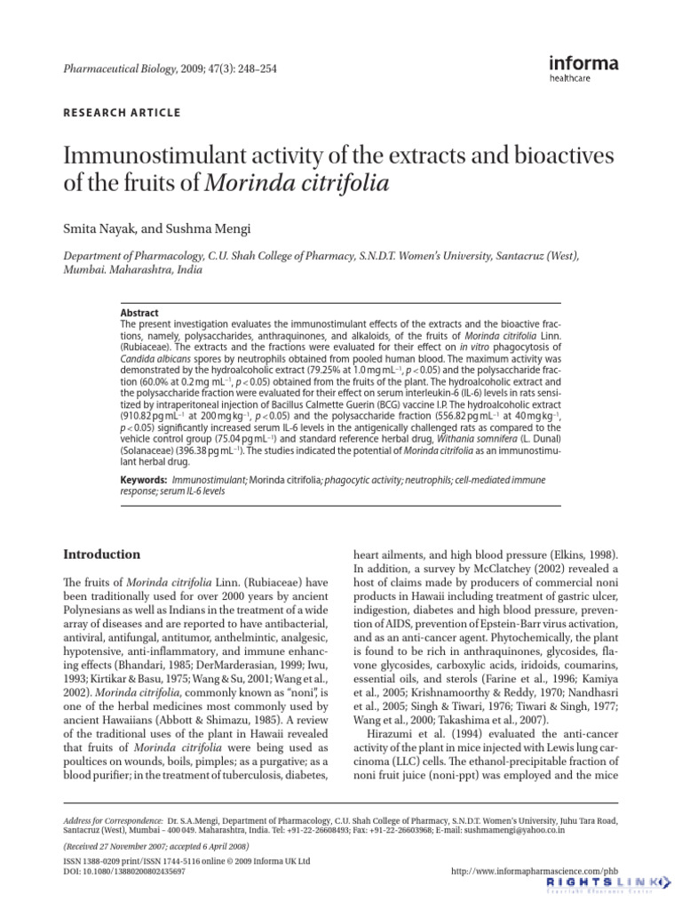 Immunostimulant Effects of Morinda Citrifolia | PDF | Wellness