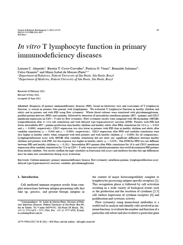 In Vitro T Lymphocyte Function in Primary Immunodeficiencies Review ID | PDF | Interferon Gamma ...