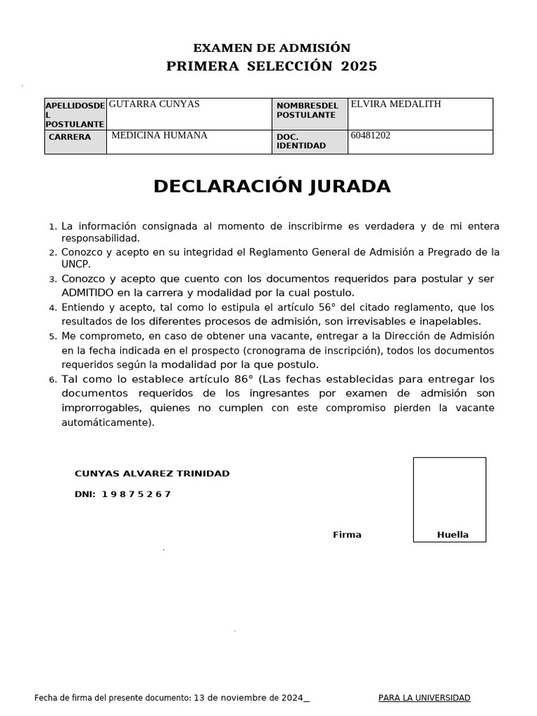 Declaración Jurada Admisión Medicina 2025 | PDF