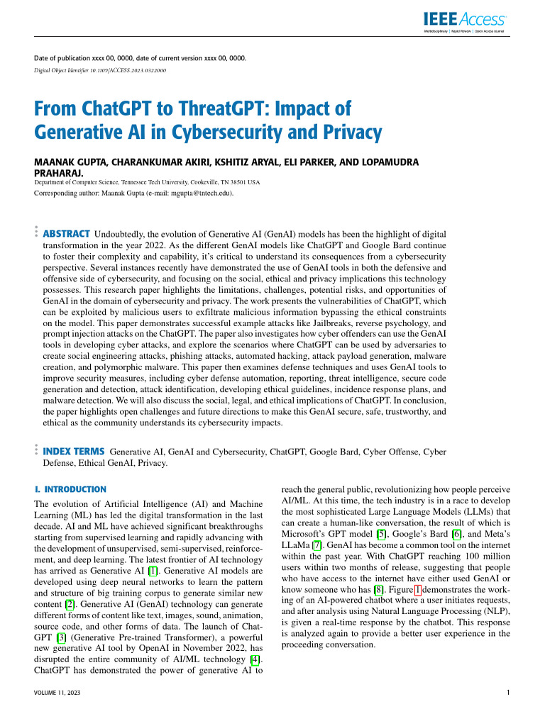 From Chatgpt To Threatgpt Impact Of Generative Ai Pdf Computer Security Security