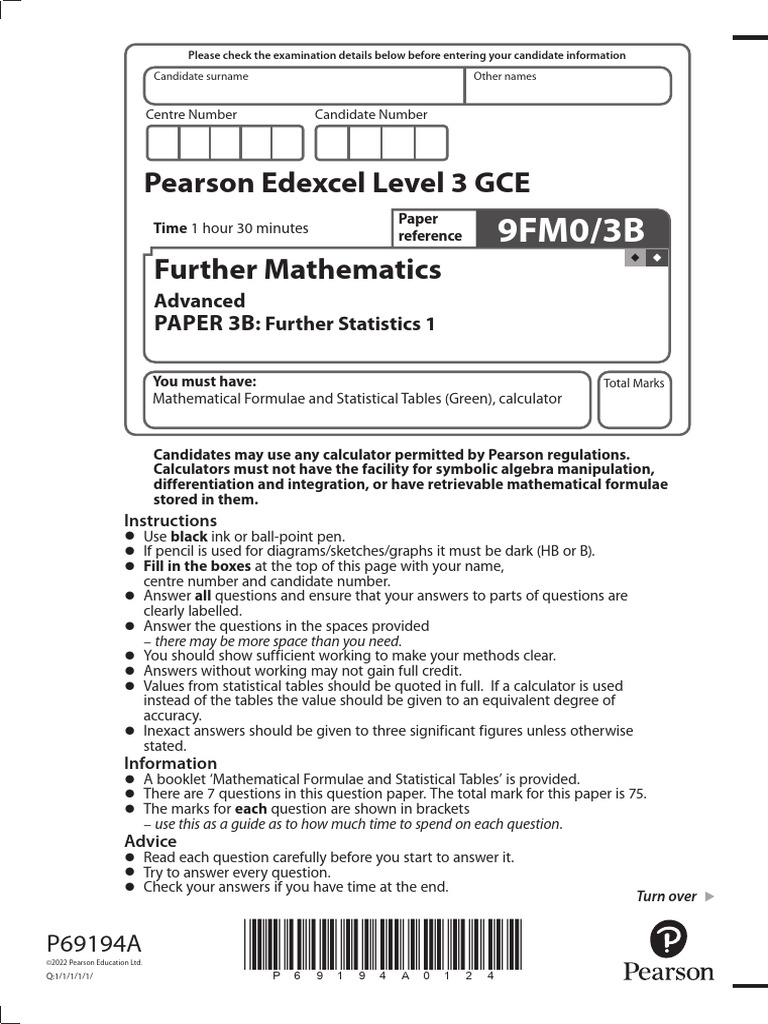 Further Statistics 1 Exam Paper 2024 | PDF | Mathematics | Calculator