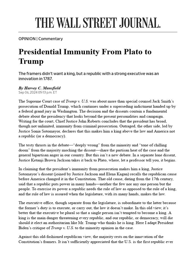 WSJ - Printing Presidential Immunity From Plato To Trump | PDF ...