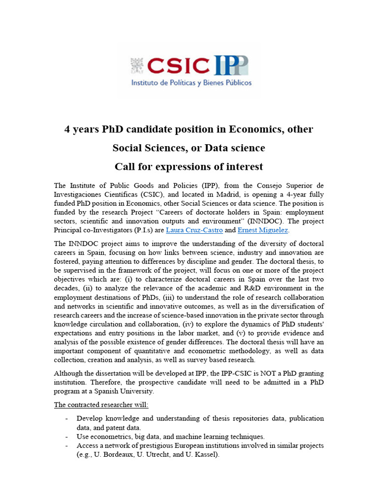 PHD Position Call INNDOC Project IPP CSIC | PDF | Doctor Of Philosophy ...