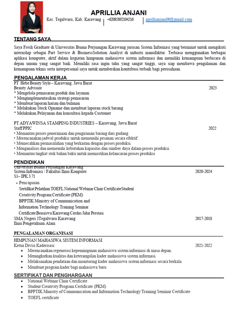 CV Aprillia Anjani IAMI | PDF