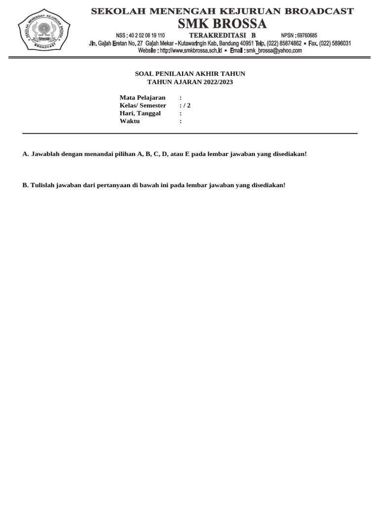 Format Kop Untuk Soal Pat SMK | PDF