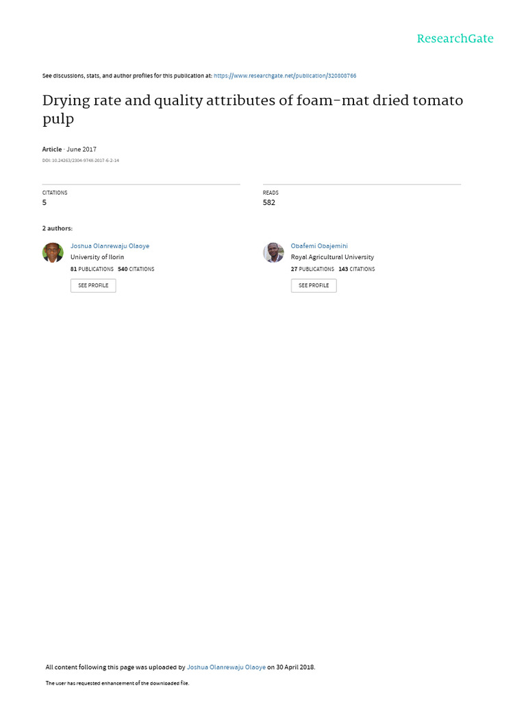 Drying Rate and Quality Attributes of Foam-Mat Dri | PDF | Analysis Of ...
