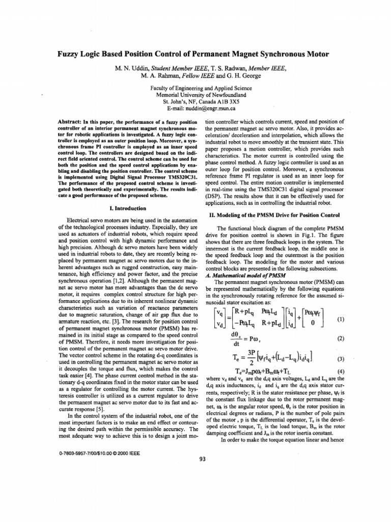 Fuzzy Logic Based Position Control of Permanent Magnet Synchrono | PDF | Electric Motor | Torque