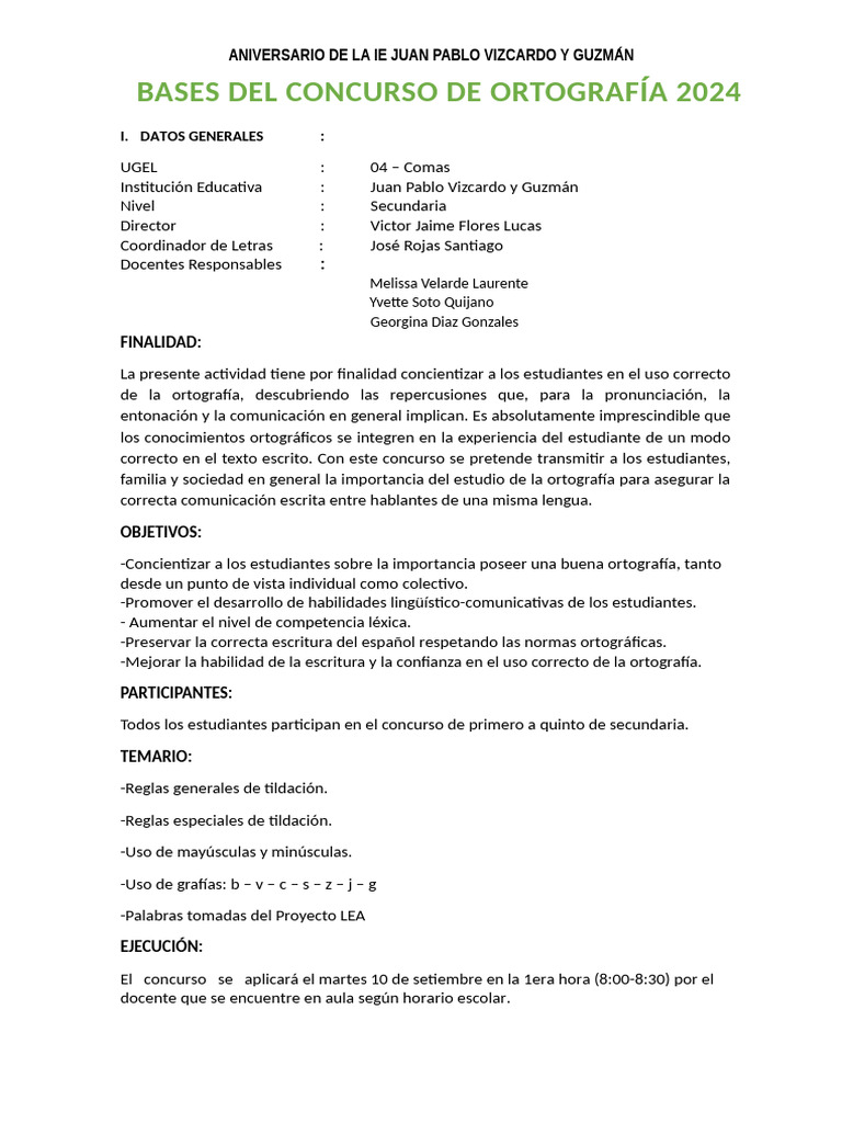 Concurso de Ortografía IE Juan Pablo Vizcardo | PDF | Ortografía ...